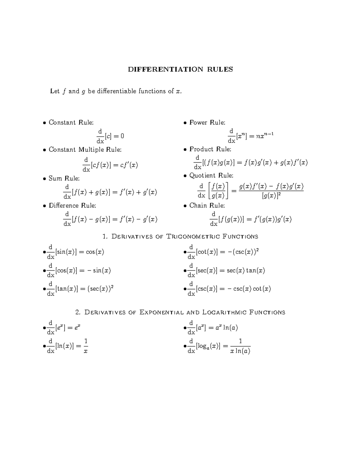 Differentiation Rules Calculus 1- Handout 1 - DIFFERENTIATION RULES ...