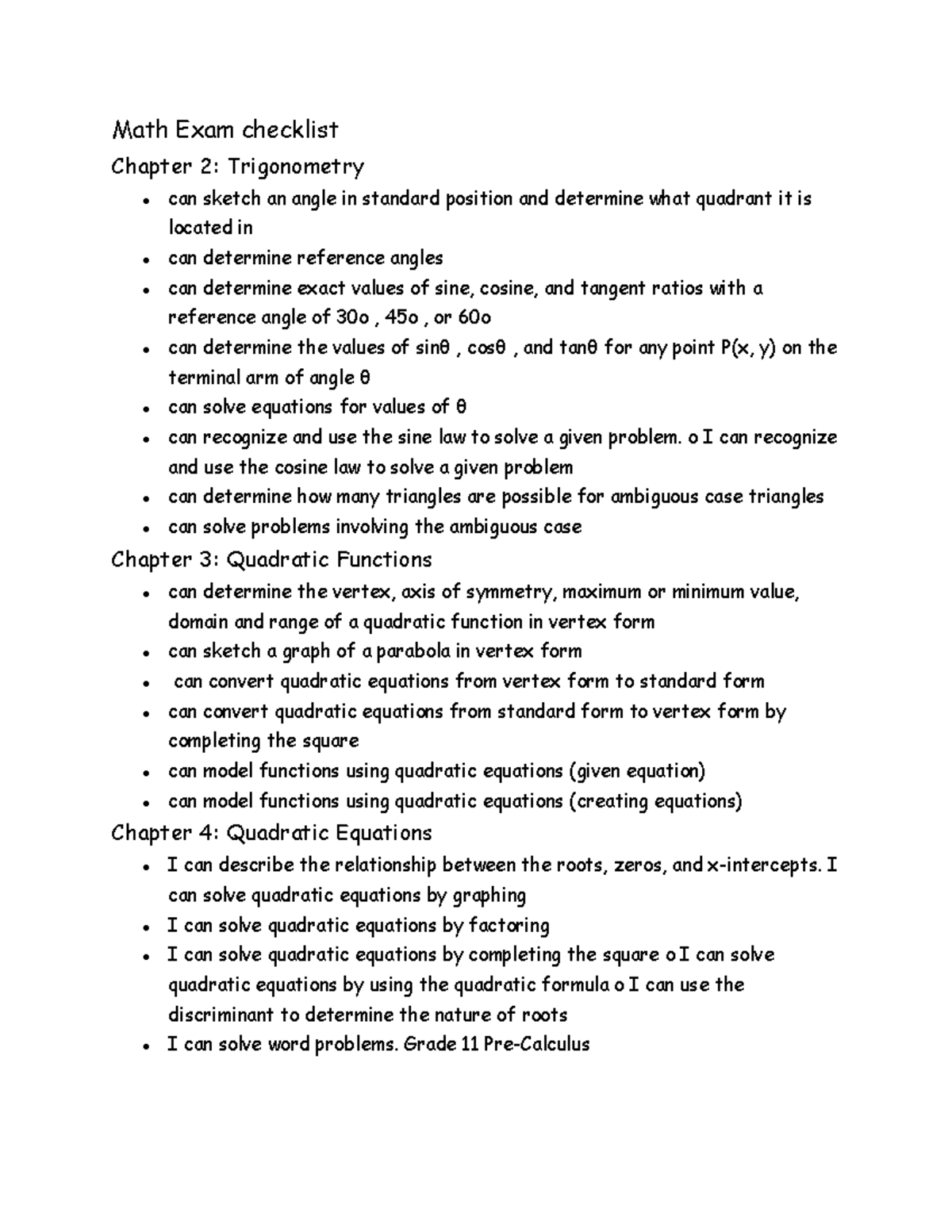 Untitled document - checklist - Math Exam checklist Chapter 2 ...