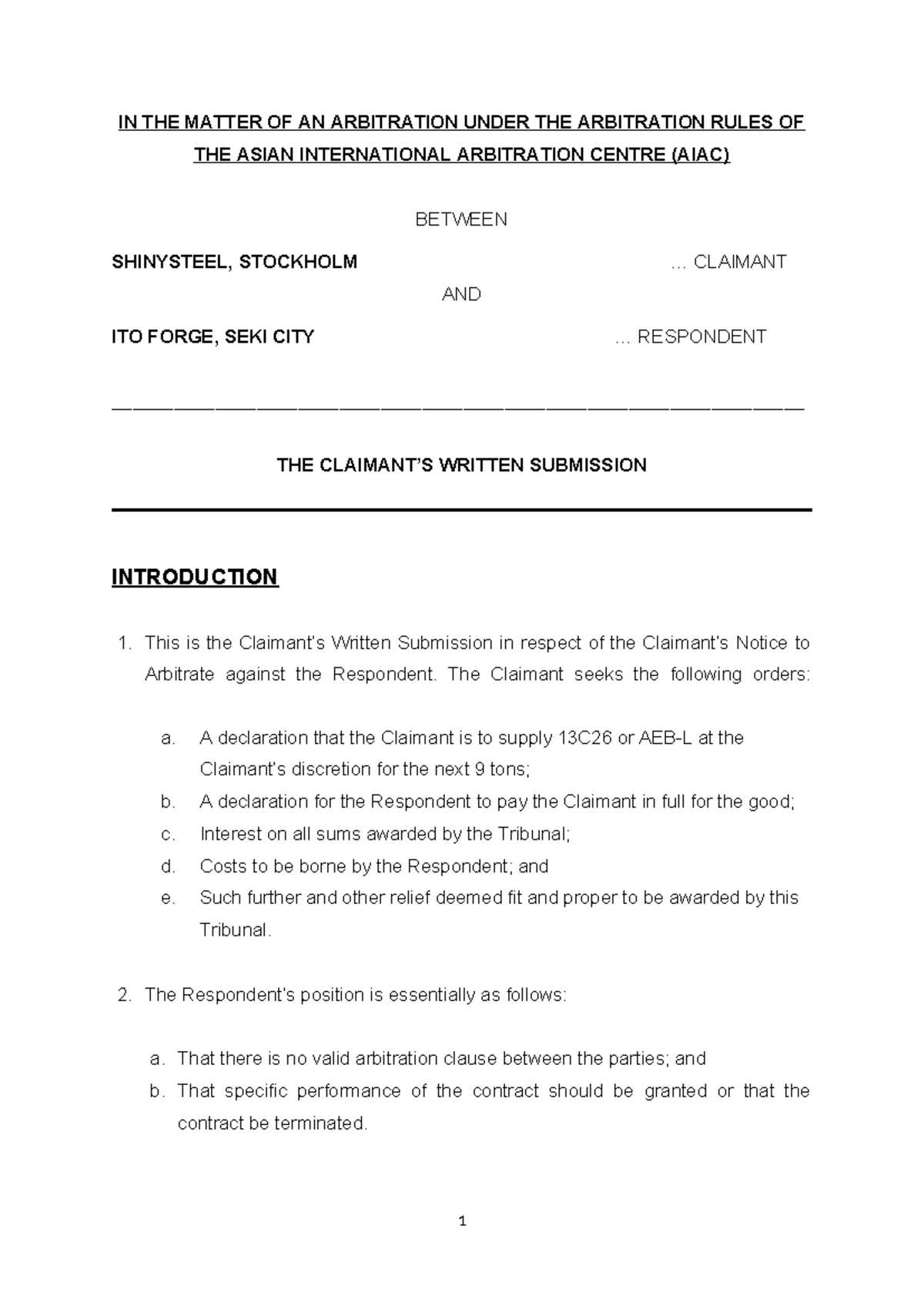 Claimant's Written Submission - IN THE MATTER OF AN ARBITRATION UNDER ...
