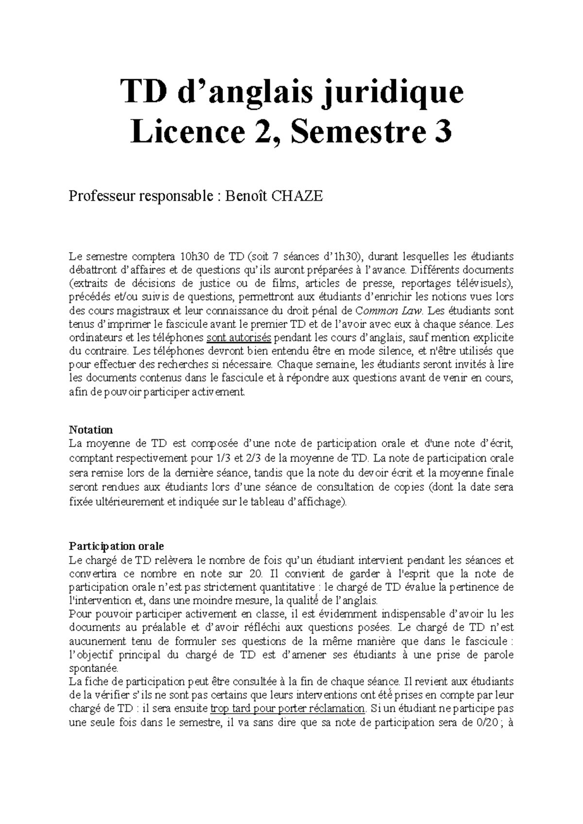 Student- Booklet S3 23 - TD d’anglais juridique Licence 2, Semestre 3 ...