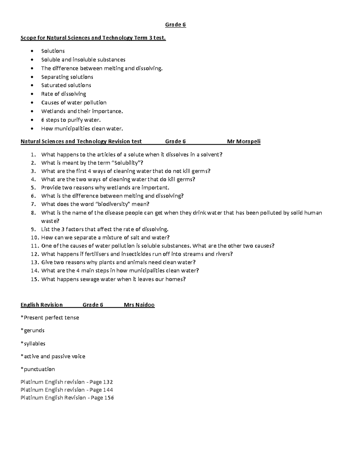 Grade 6 Scope and revision tests - Grade 6 Scope for Natural Sciences ...