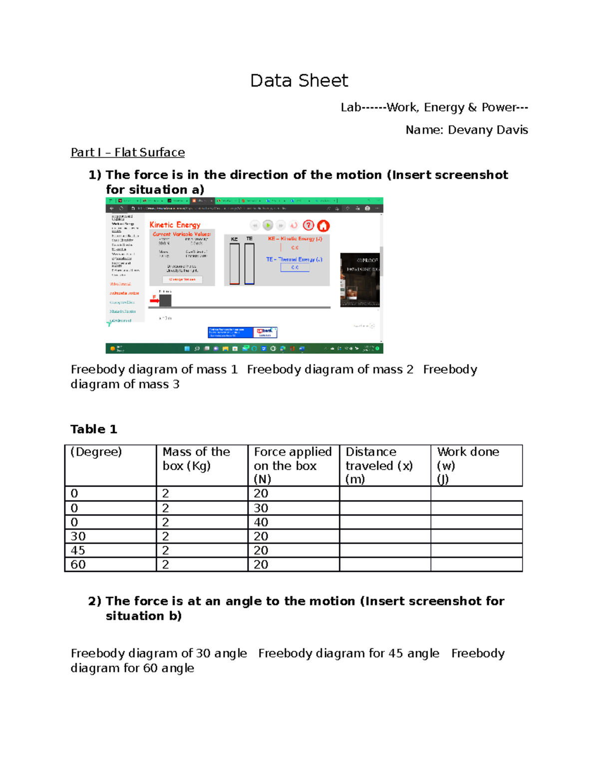 Lab Report 5 - Data Sheet Lab-Work, Energy & Power- Name: Devany Davis ...