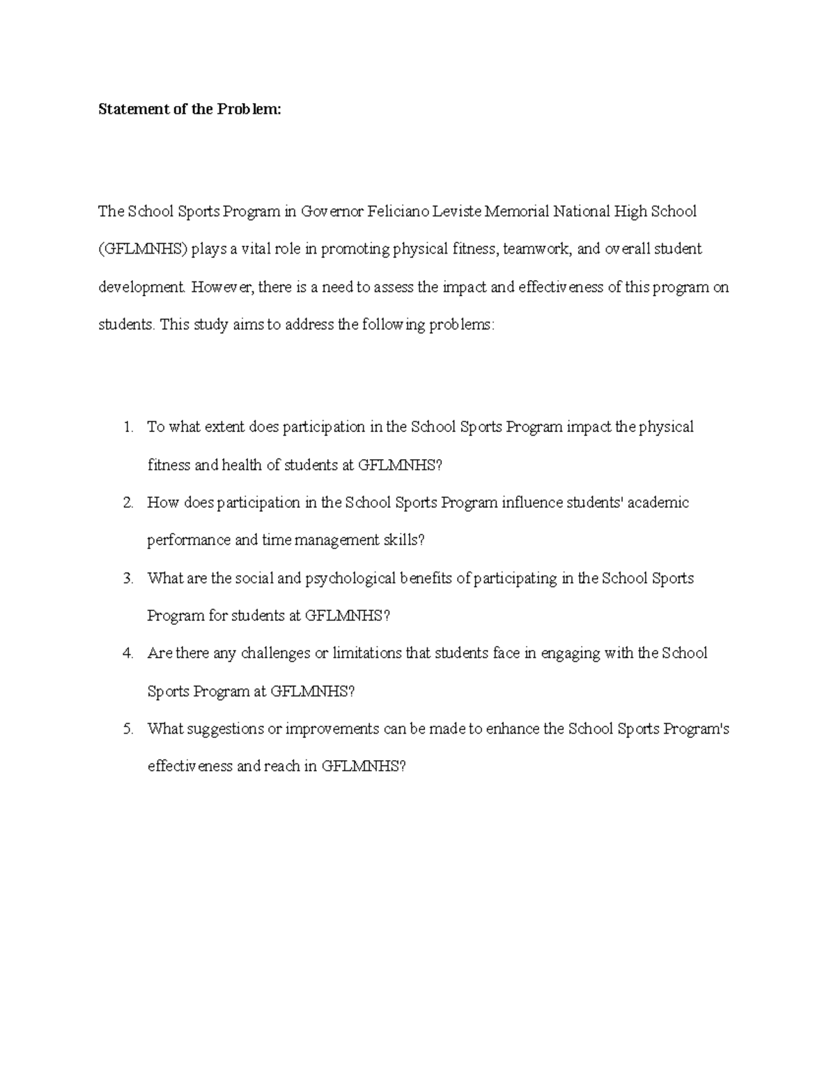 School Sports Program Questionnaire - Statеmеnt of thе Problеm: Thе ...