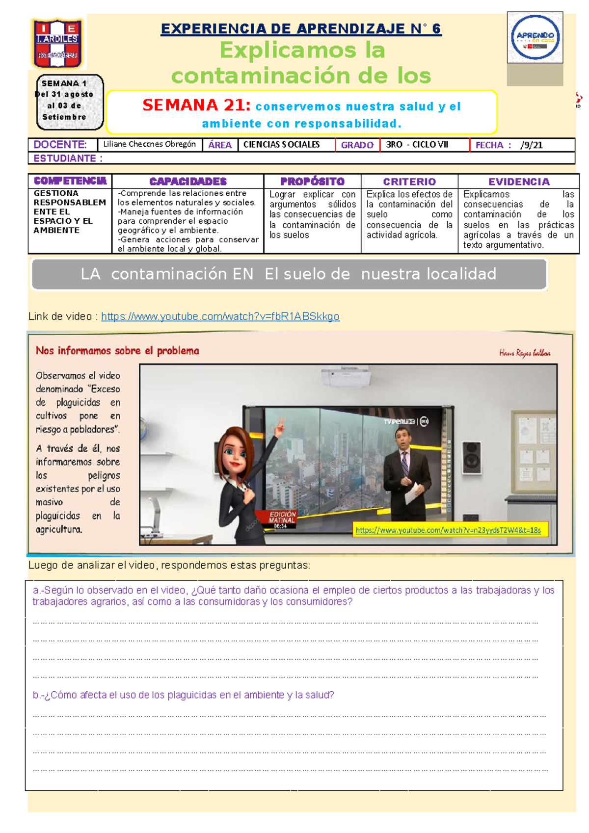 Experi 6 sem 1 3ro - resumen informativo - DOCENTE: Liliane Checcnes ...