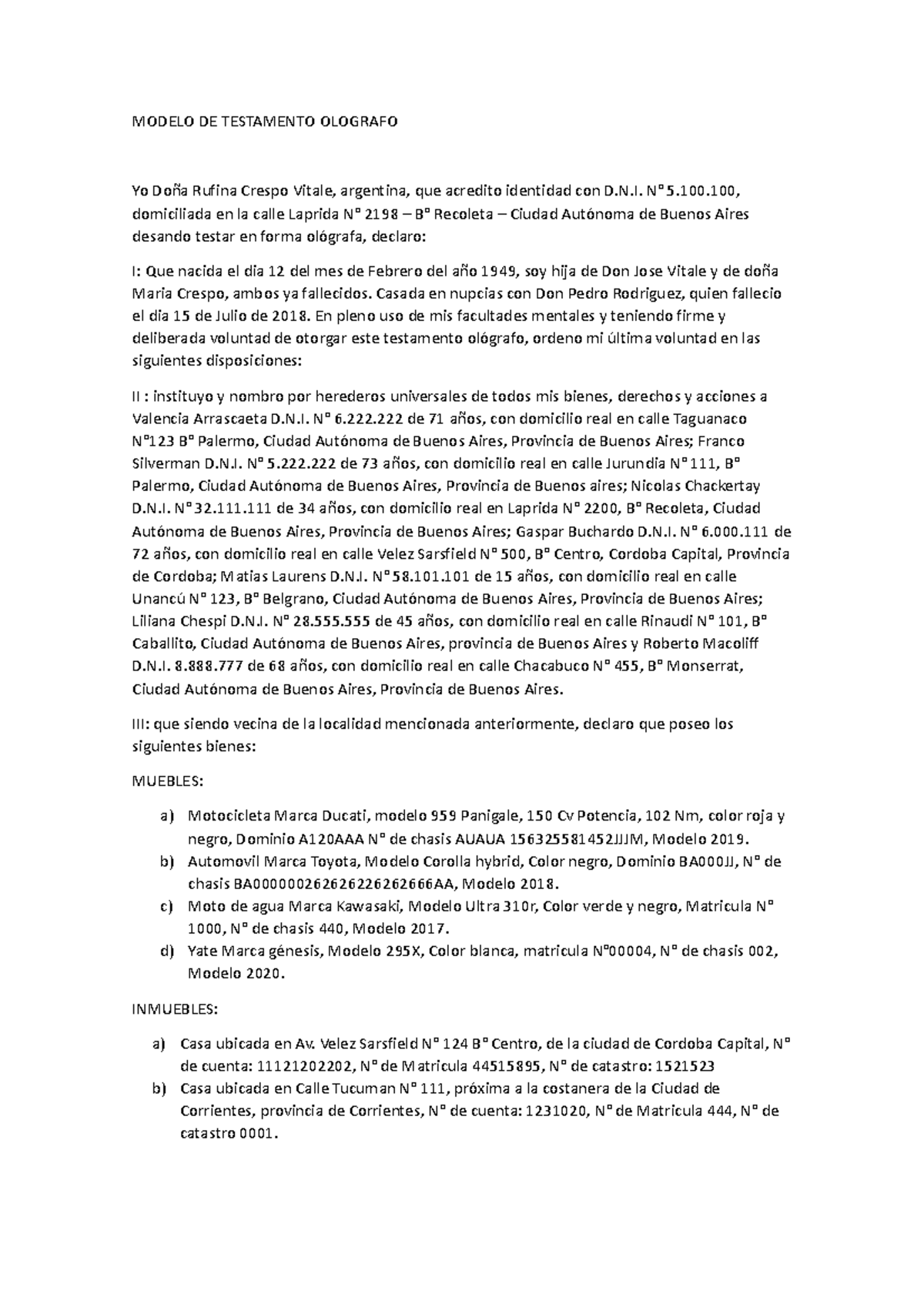 Modelo DE Testamento Olografo - MODELO DE TESTAMENTO OLOGRAFO Yo Doña ...