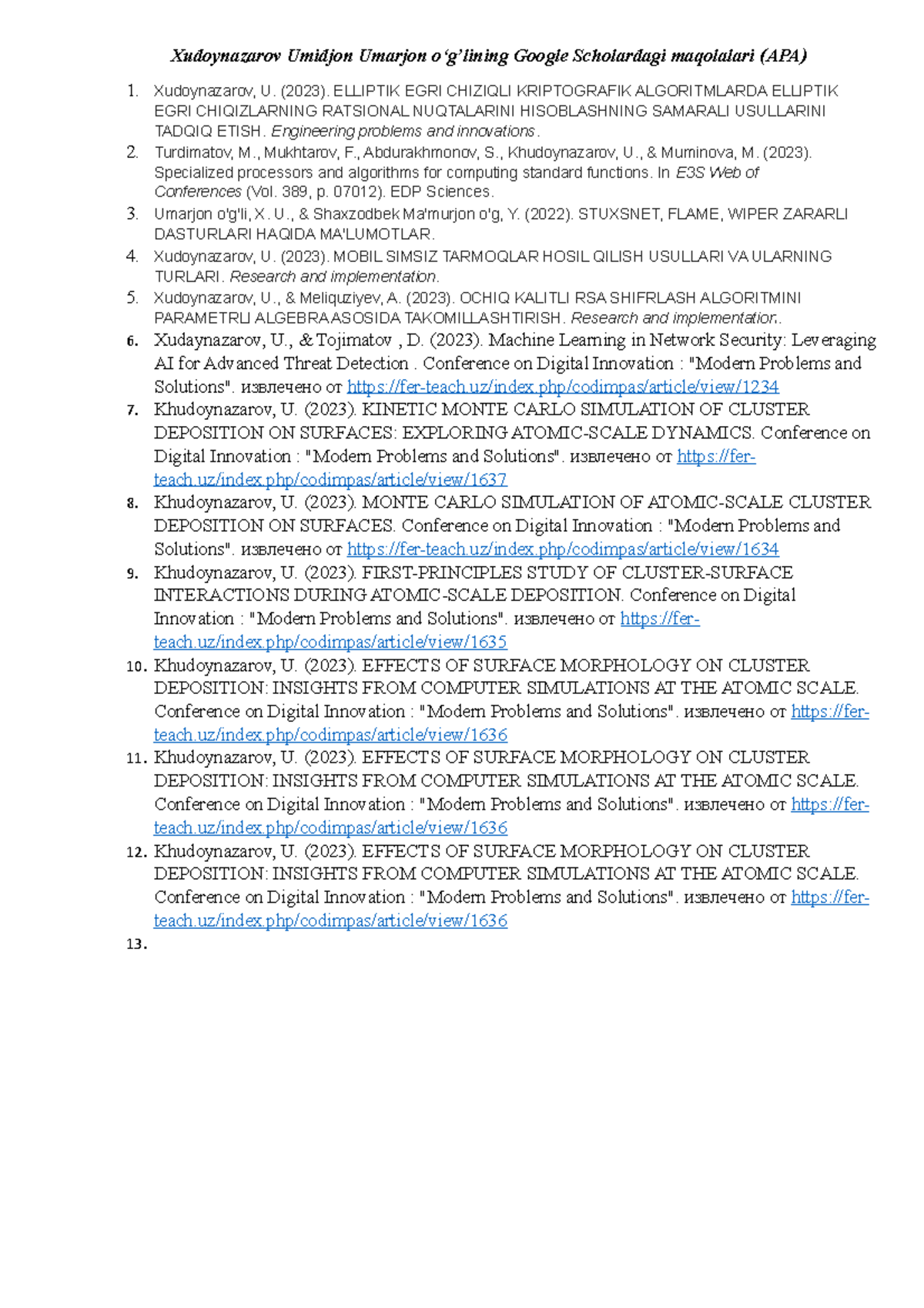 Xudoynazarov Umidjon (scholar google) - Xudoynazarov Umidjon Umarjon o‘g’lining Google ...