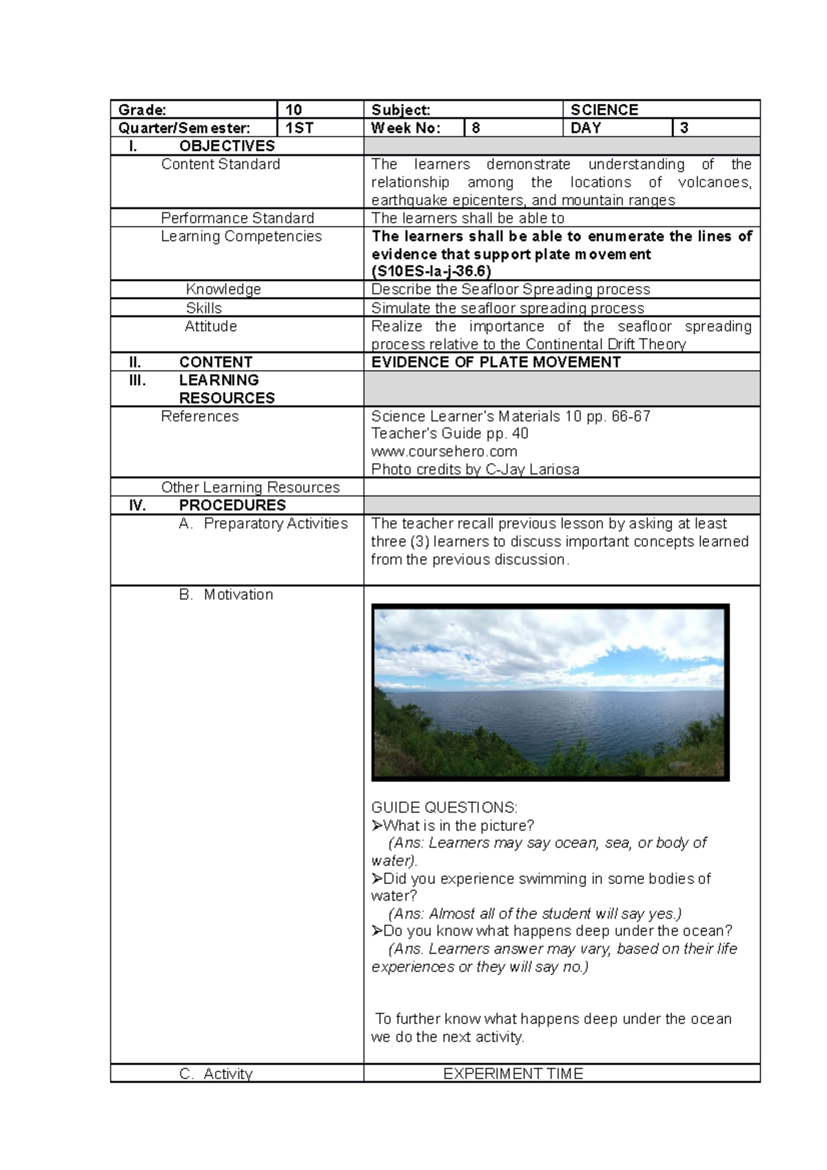 G10 1QTR WEEK8 DAY3 Lariosa - Grade: 10 Subject: SCIENCE Quarter ...