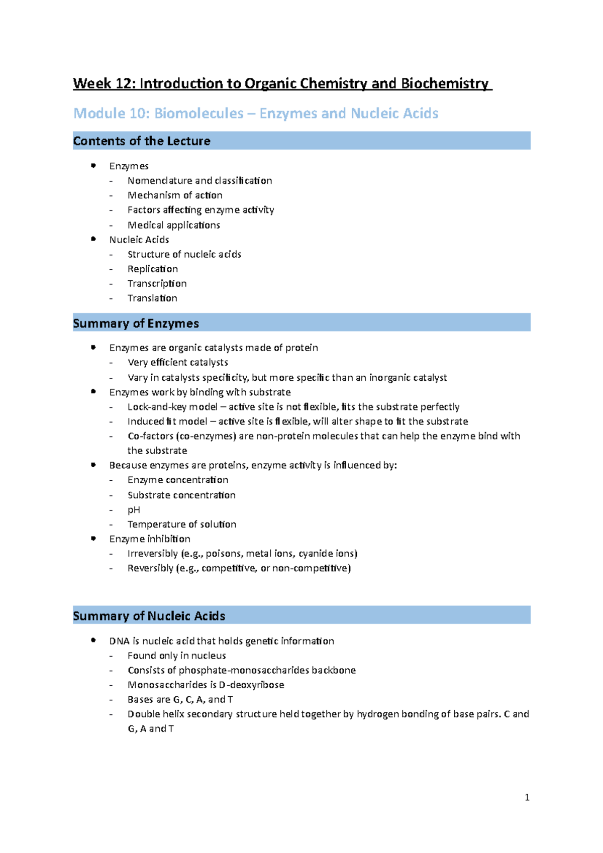Organic Chemistry and Biochemistry Week 12 - Lecture notes 12 - Week 12 ...