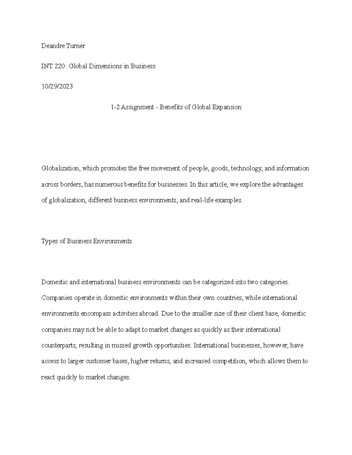 1-2 Assignment - Benefits of Global Expansion - Deandre Turner INT 220 ...