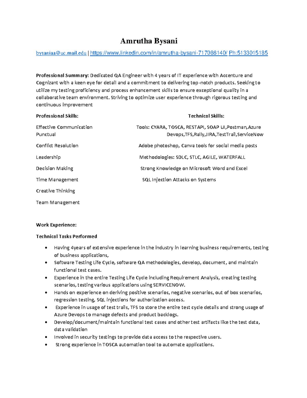 Bysani Amrutha resume 29 08-1 - Amrutha Bysani bysaniaa@uc.mail | - Studocu
