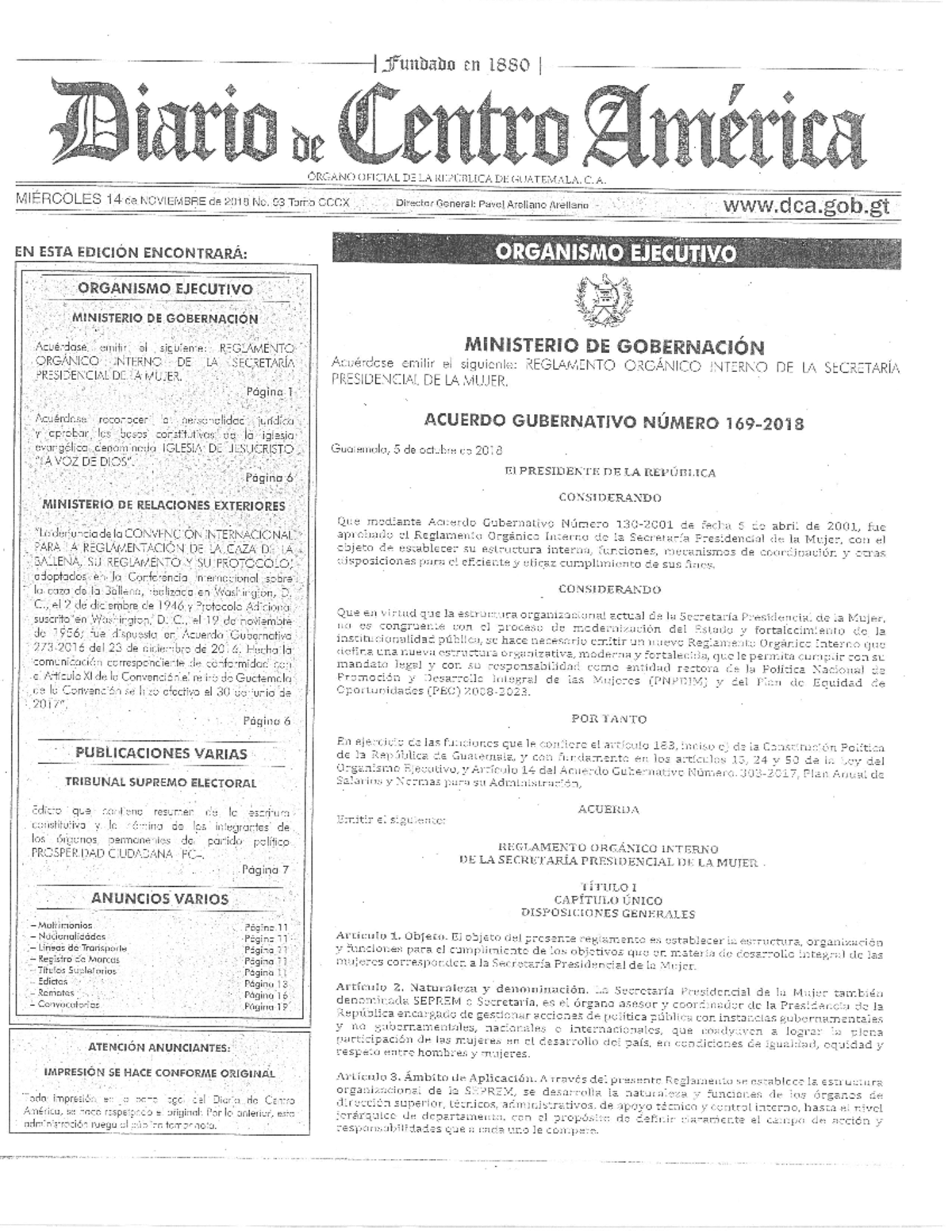ROI Acuerdo Gubernativo 169-2018 - Fundado en 1880 Diario Centro América ÓRGANO OFICIAL DE LA ...
