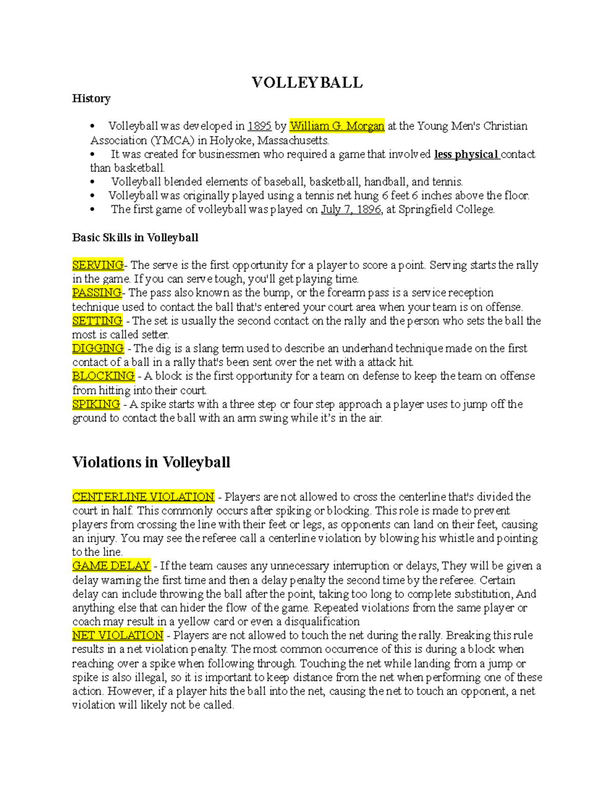 Handouts- Volleyball - PE Notes - VOLLEYBALL History Volleyball was ...