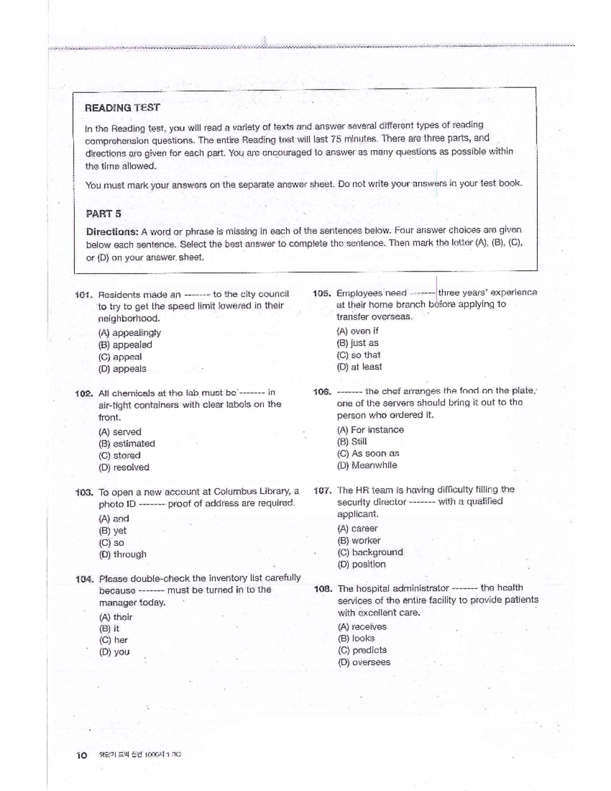 10 part 5 Toeic Reading bộ Xanh Cam gồm đề và đáp án - Studocu