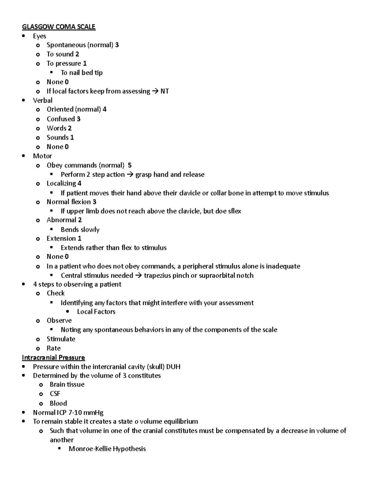ICP Notes - GLASGOW COMA SCALE Eyes o Spontaneous (normal) 3 o To sound ...