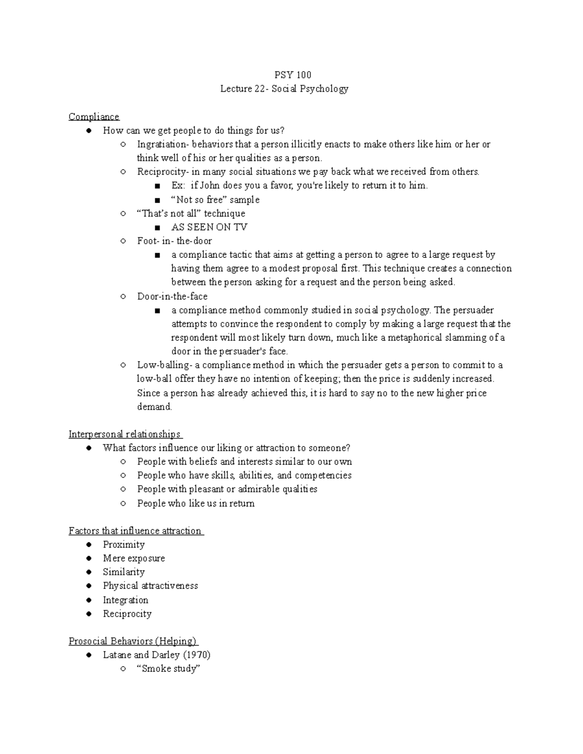 PSY 100 11 10 2022 - Fall 2022 - PSY 100 Lecture 22- Social Psychology ...