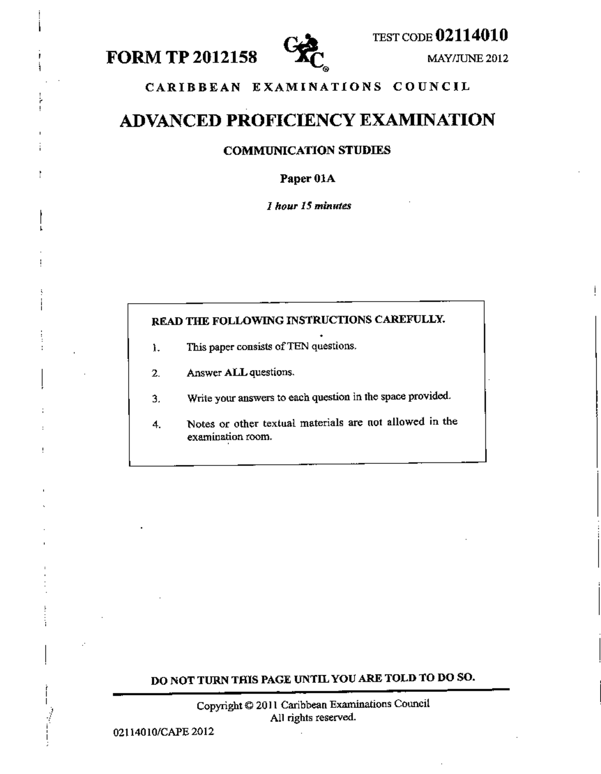 CAPE Communication Studies P1A 2012 - FoRMrP2ol 2rs % rESr coDE ...