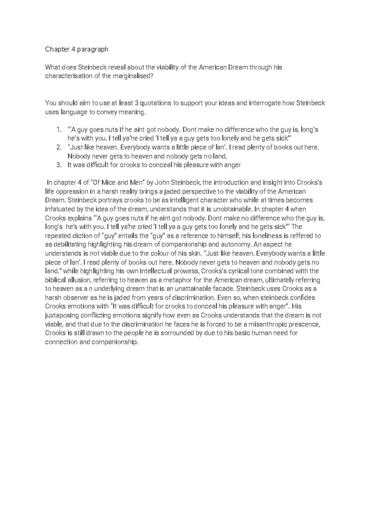 Joseph Katz - Of Mice and Men Chapter 4 Close Reading - Chapter 4 ...