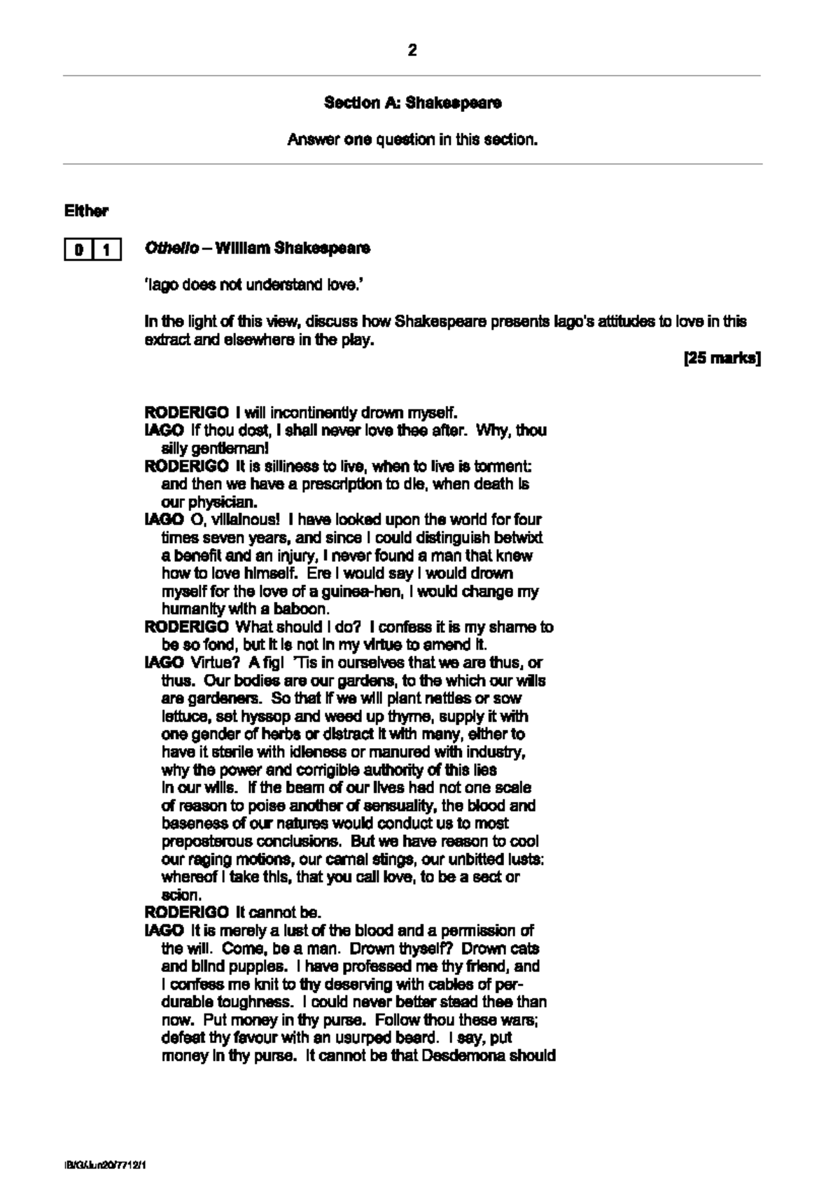 English lit past paper 2020 - 2 Section A: Shakespeare Answer one ...