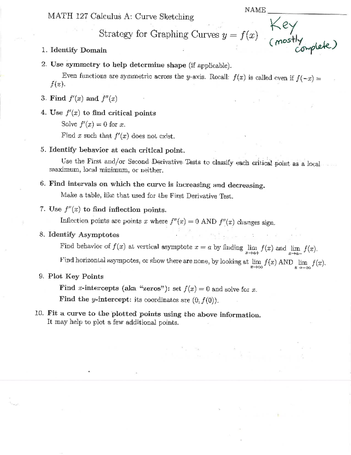 Curve sketching WITH Limits key - MAT 127 - Studocu