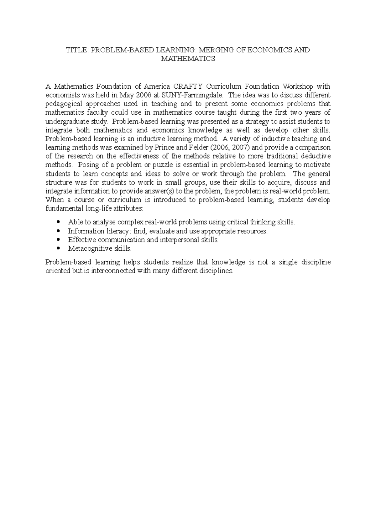 ECO Maths Group Assignment - TITLE: PROBLEM-BASED LEARNING: MERGING OF ...