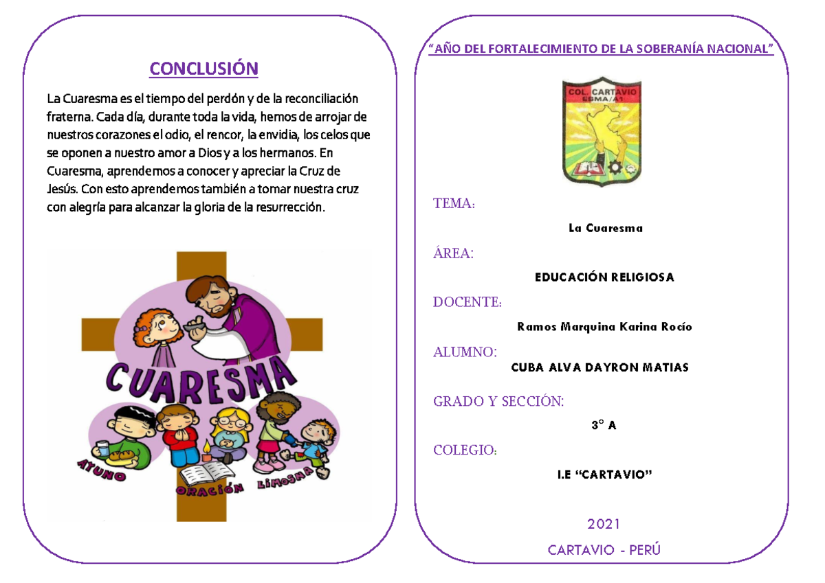 Diptico dayron cuba alva - TEMA : **La Cuaresma** ¡REA: **EDUCACI”N ...