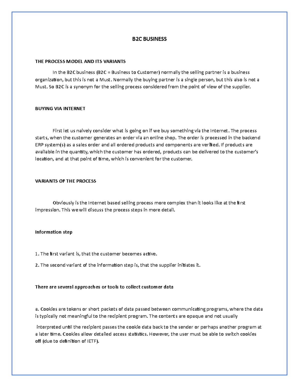 B2C Business lecture notes - B2C BUSINESS THE PROCESS MODEL AND ITS ...