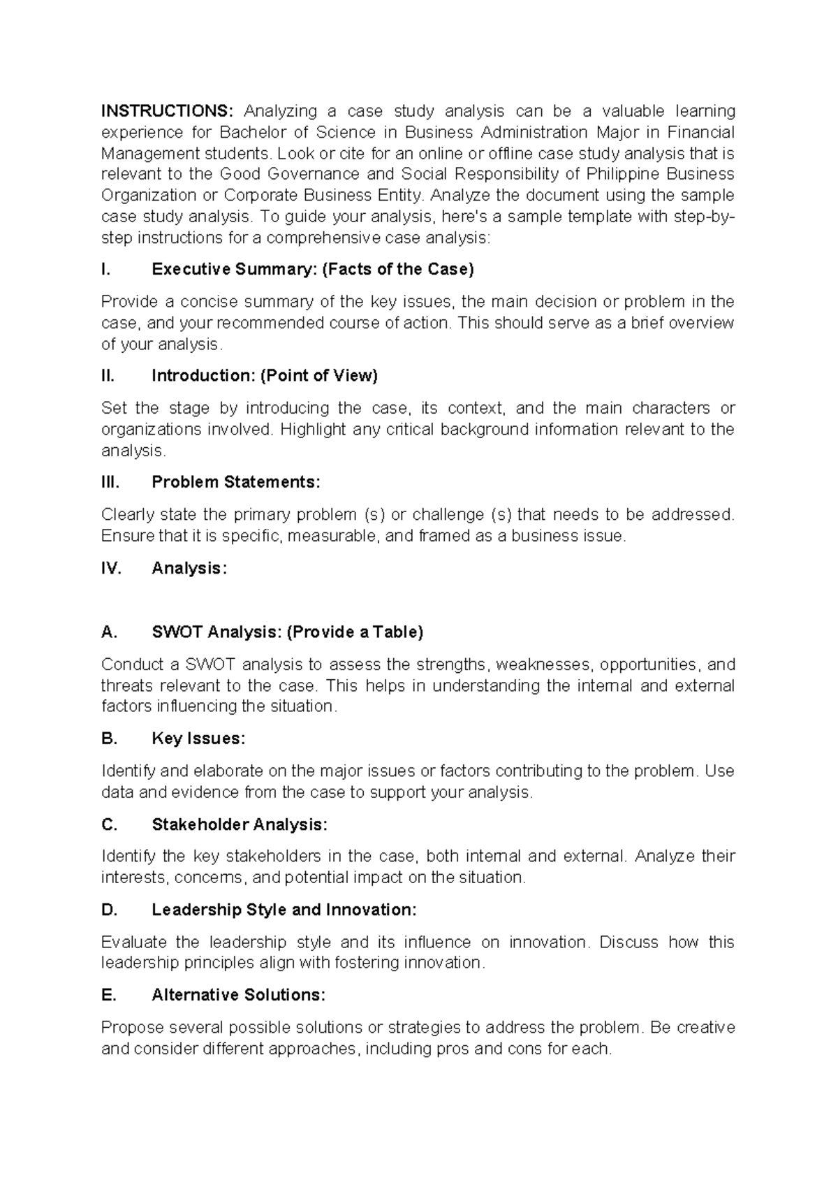 CASE Study Analysis Instructions FOR Final TERM - INSTRUCTIONS: Analyzing a case study analysis ...