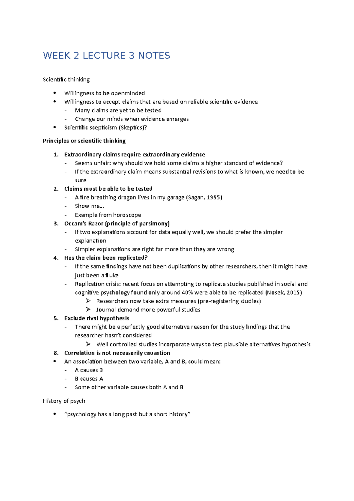 Week 2 Lecture 3 Notes - WEEK 2 LECTURE 3 NOTES Scientific thinking ...