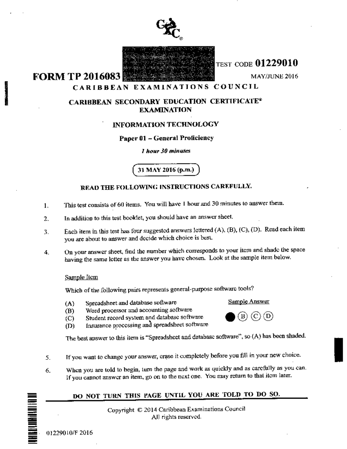 It June 2016 Paper 1 Test Code Oi229oio Form Tp 2016083 May June 2016 Caribbean Examinations