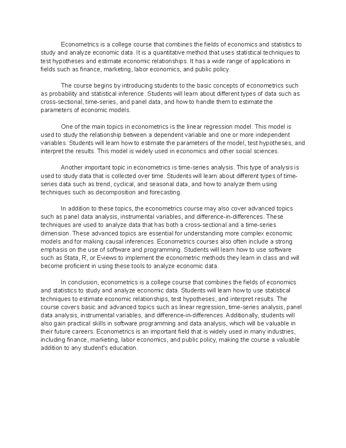 Econometrics Summarization - Econometrics is a college course that ...