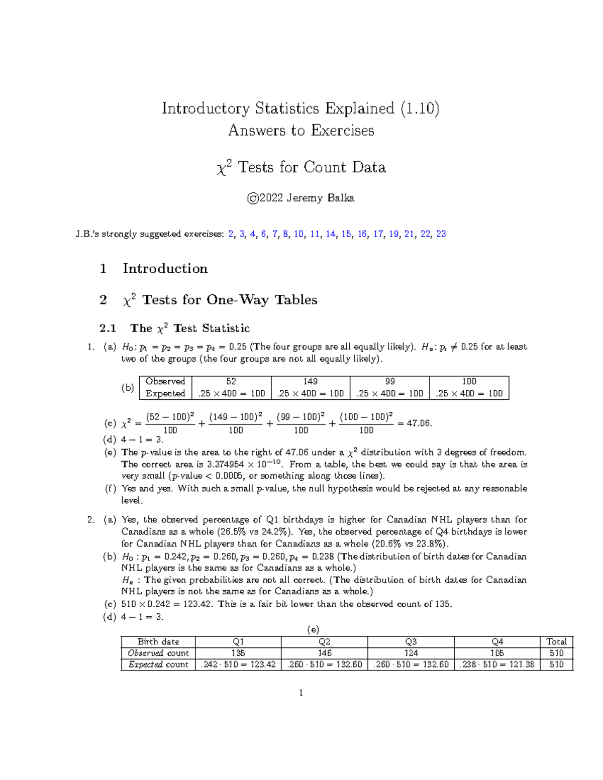 Jb ise exercises chisquare answers - Introductory Statistics Explained (1) Answers to Exercises ...