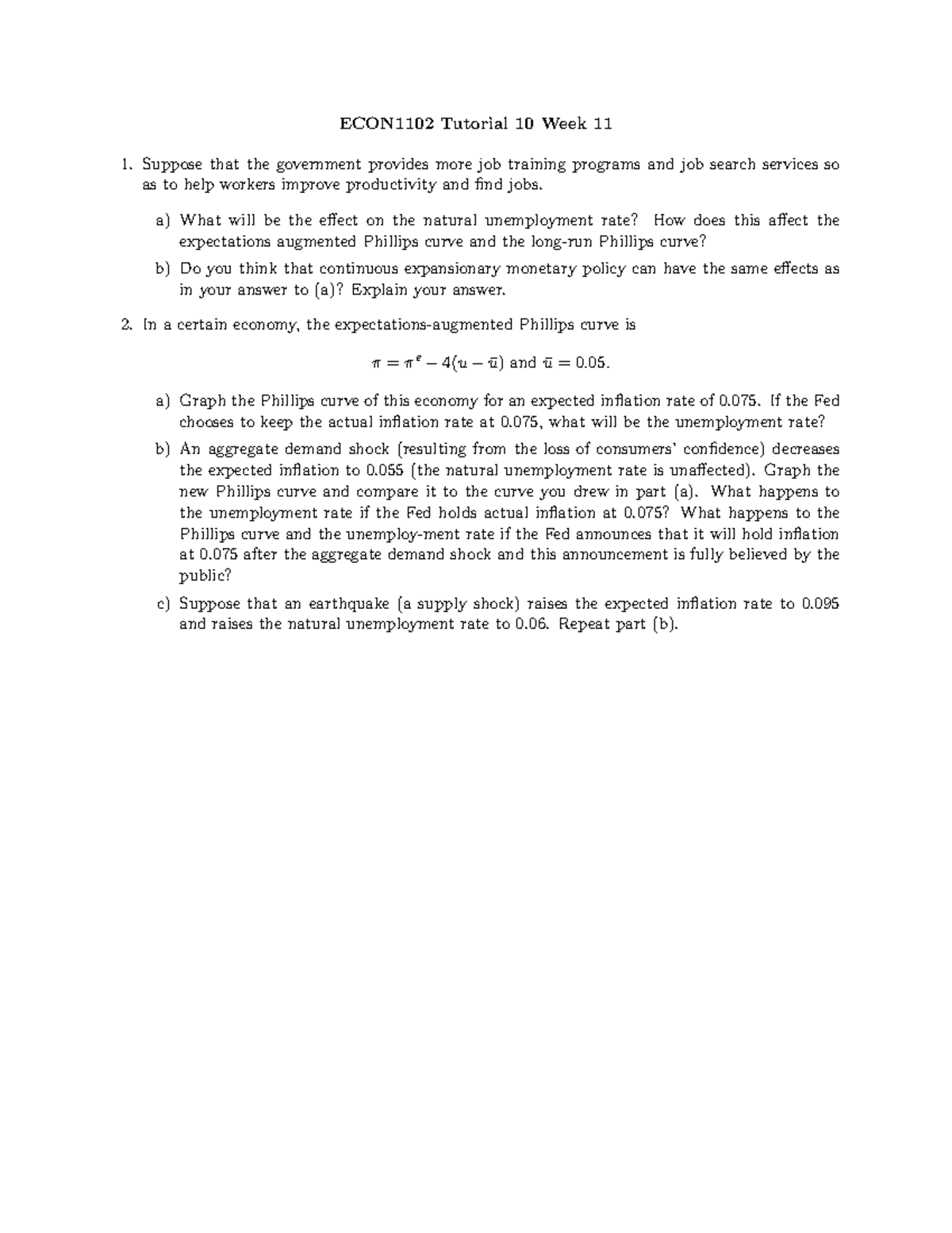 Tutorial 10 ECON1102 - ECON1102 Tutorial 10 Week 11 Suppose that the ...