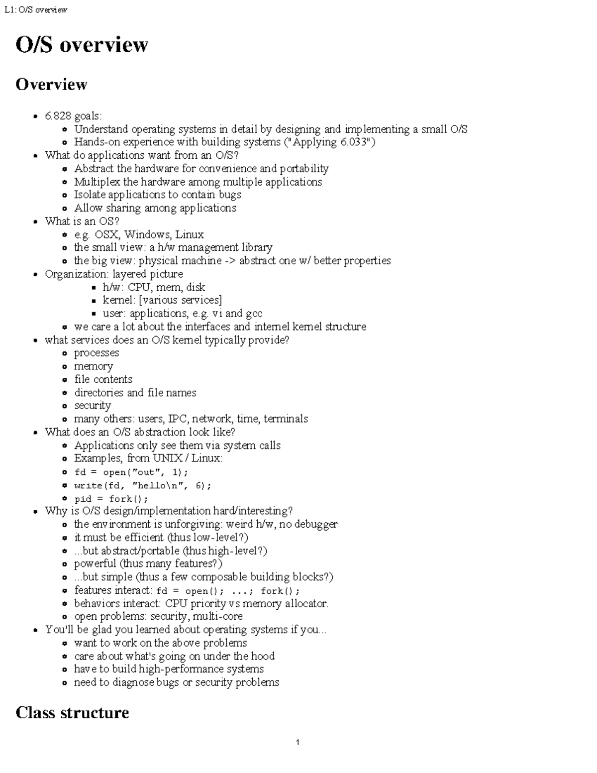 MIT6 828F12 lec1 notes - O/S overview Overview 6 goals: Understand ...
