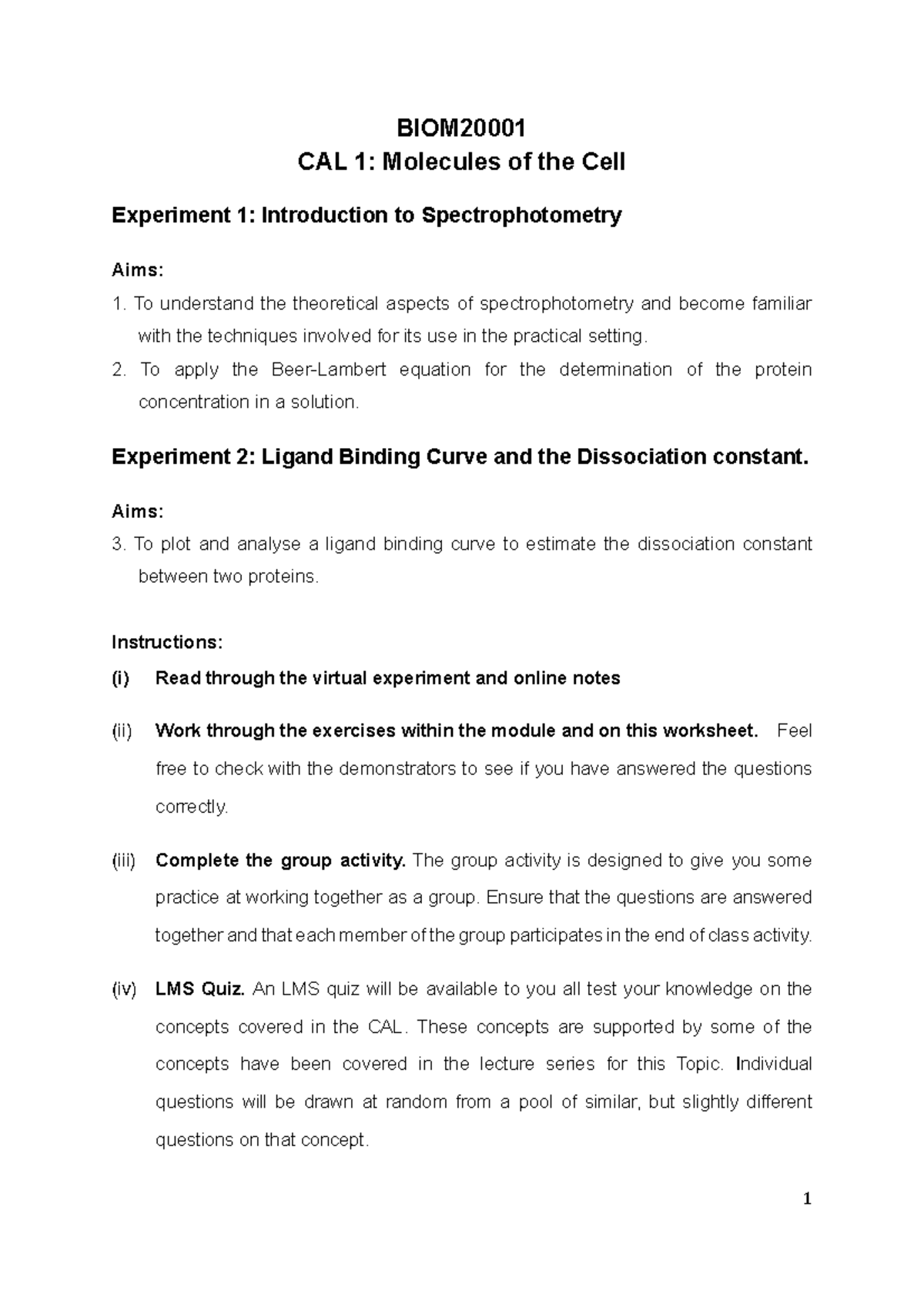 BIOM2000 1 Student Worksheet 2024 - BIOM CAL 1 : Molecules of the Cell ...