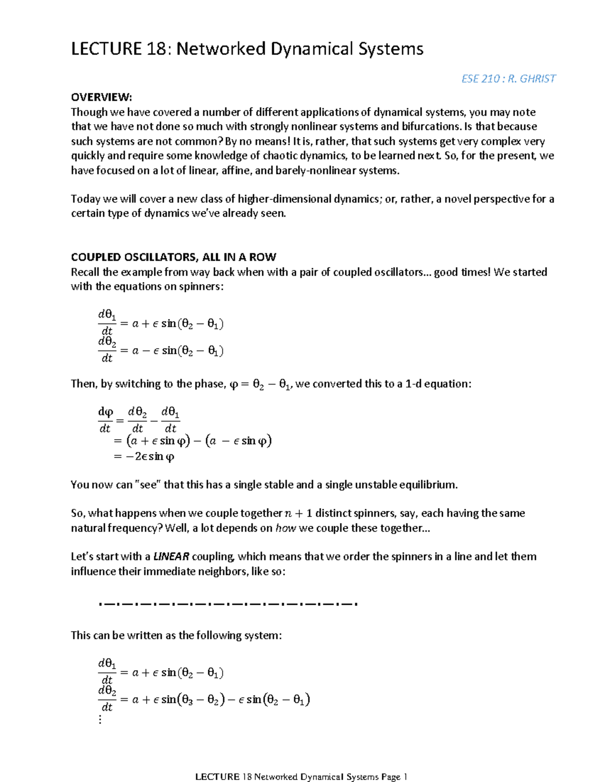 Lecture 18 Networked Dynamical Systems Overview Though We Have