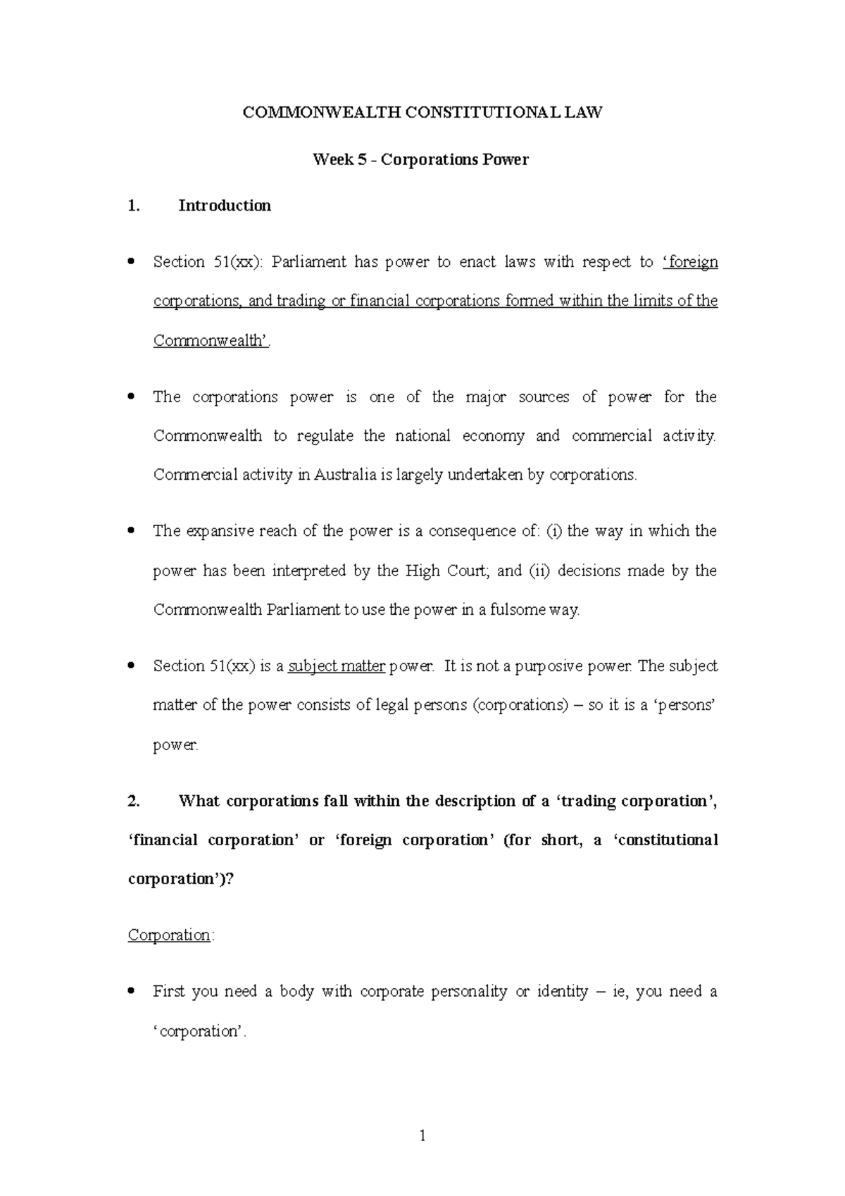Com Con Week 5 Lecture Outline Corporations Power - COMMONWEALTH ...