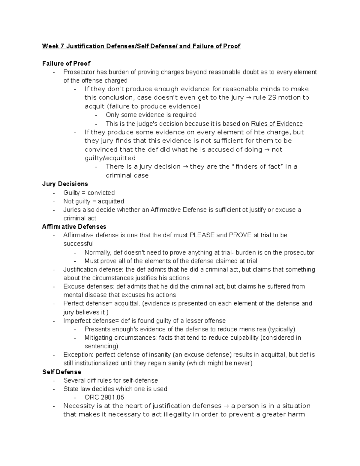 Exam 2 Study Guide - Week 7 Justification Defenses/Self Defense/ and ...