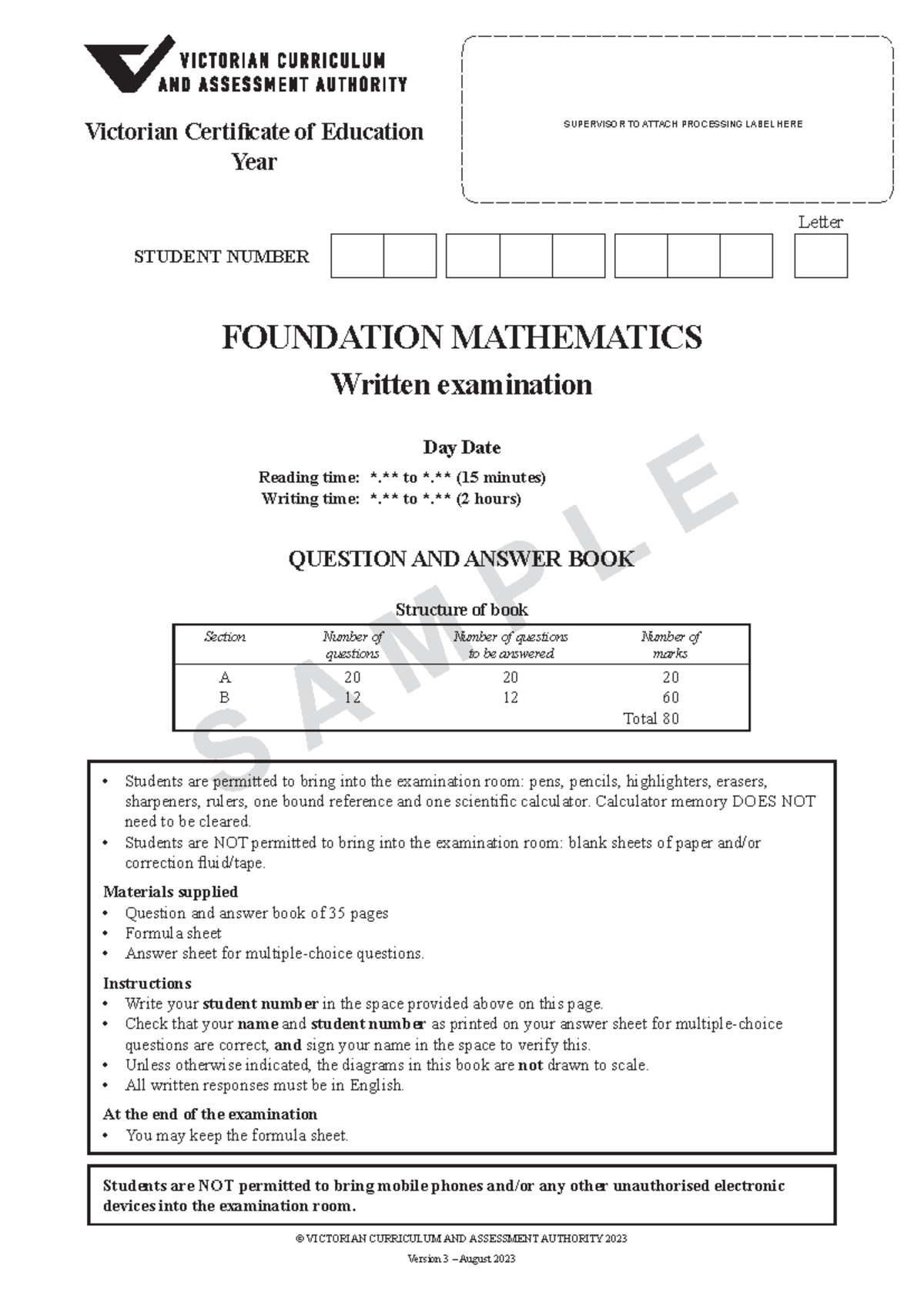 Foundation math sample w - S A M P L E FOUNDATION MATHEMATICS Written ...