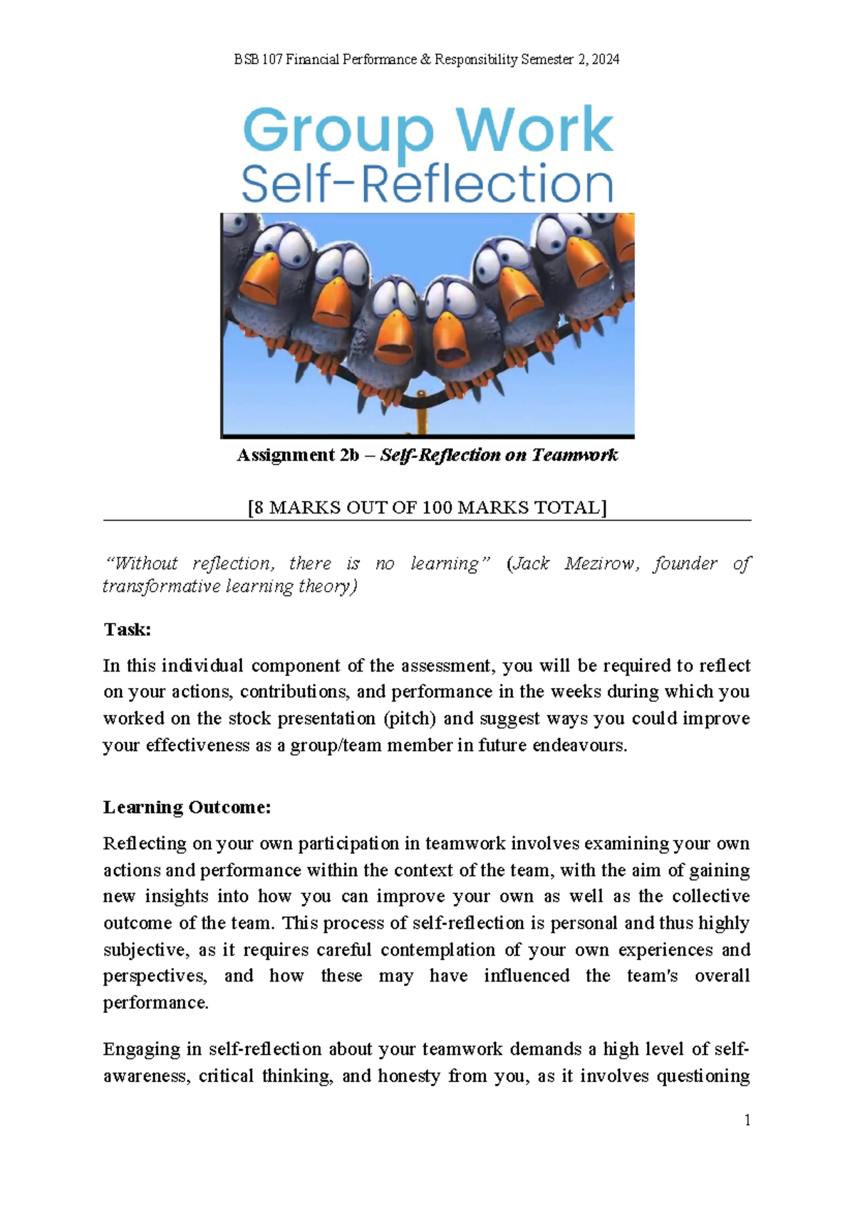 BSB107 Assignment 2b; Self Refection on Teamwork-1 Jessica Guscott ...