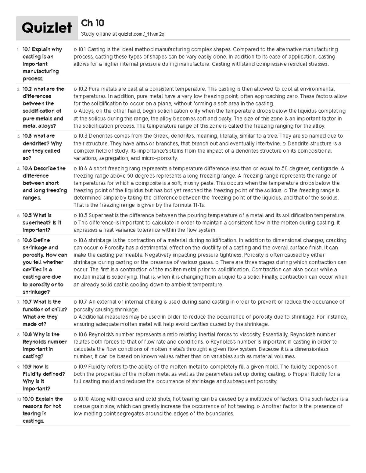 Chapter 1 questions and answers - 10 Explain why casting is an important manufacturing process ...