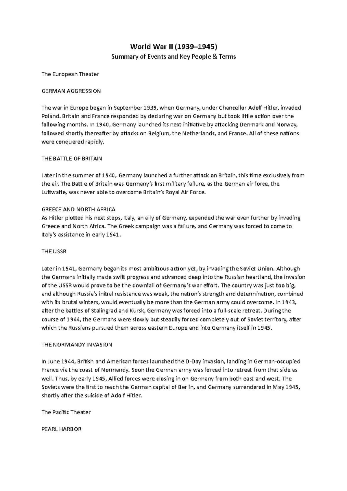 World War II (1939–1945) - World War II (1939–1945) Summary of Events ...