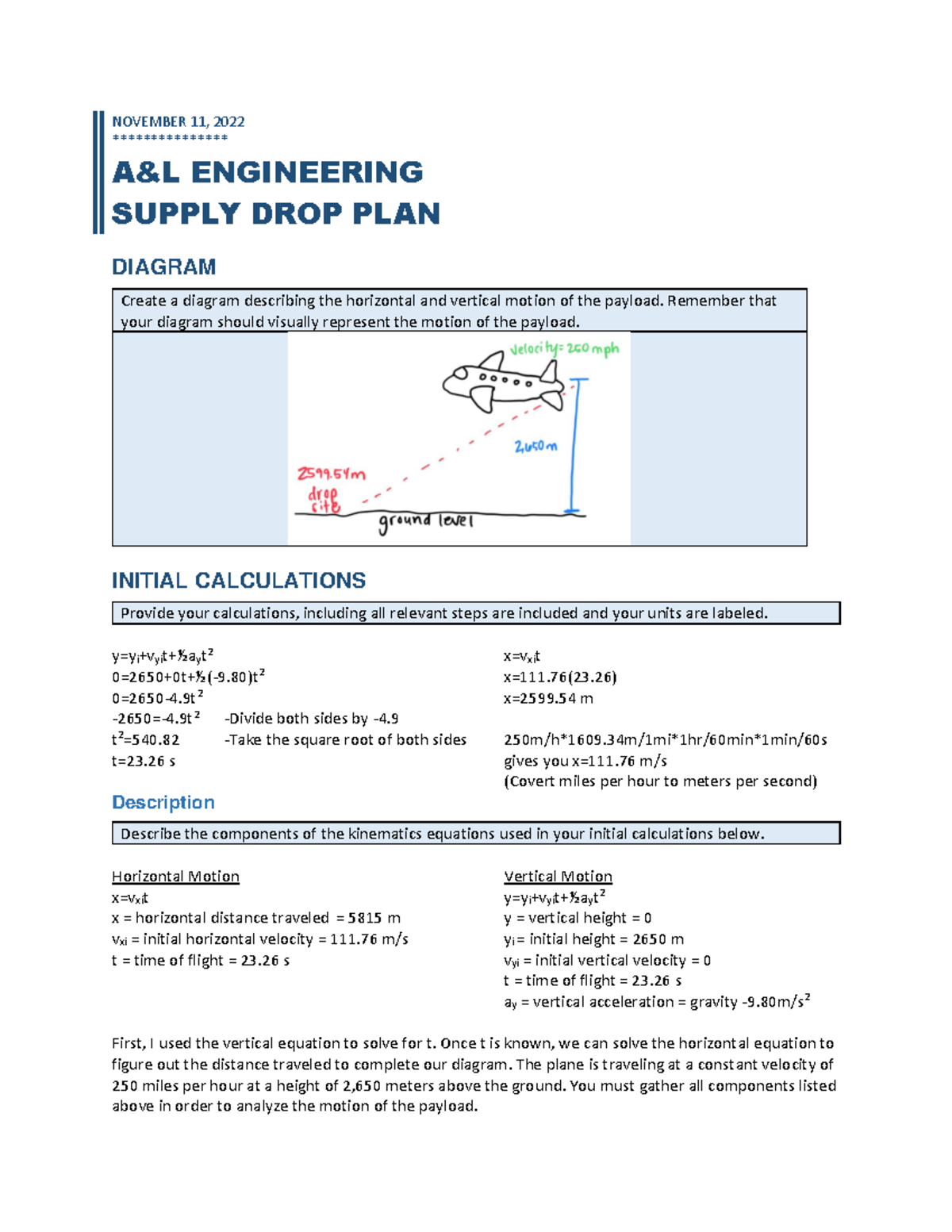 PHY 150 Project One Supply Drop - NOVEMBER 11, 2022 A&L ENGINEERING ...