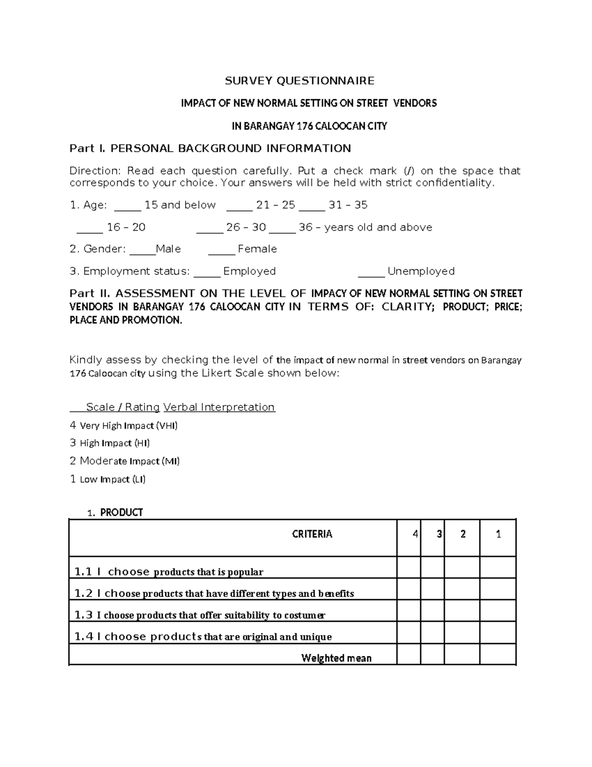 Survey Questionnaire - SURVEY QUESTIONNAIRE IMPACT OF NEW NORMAL ...