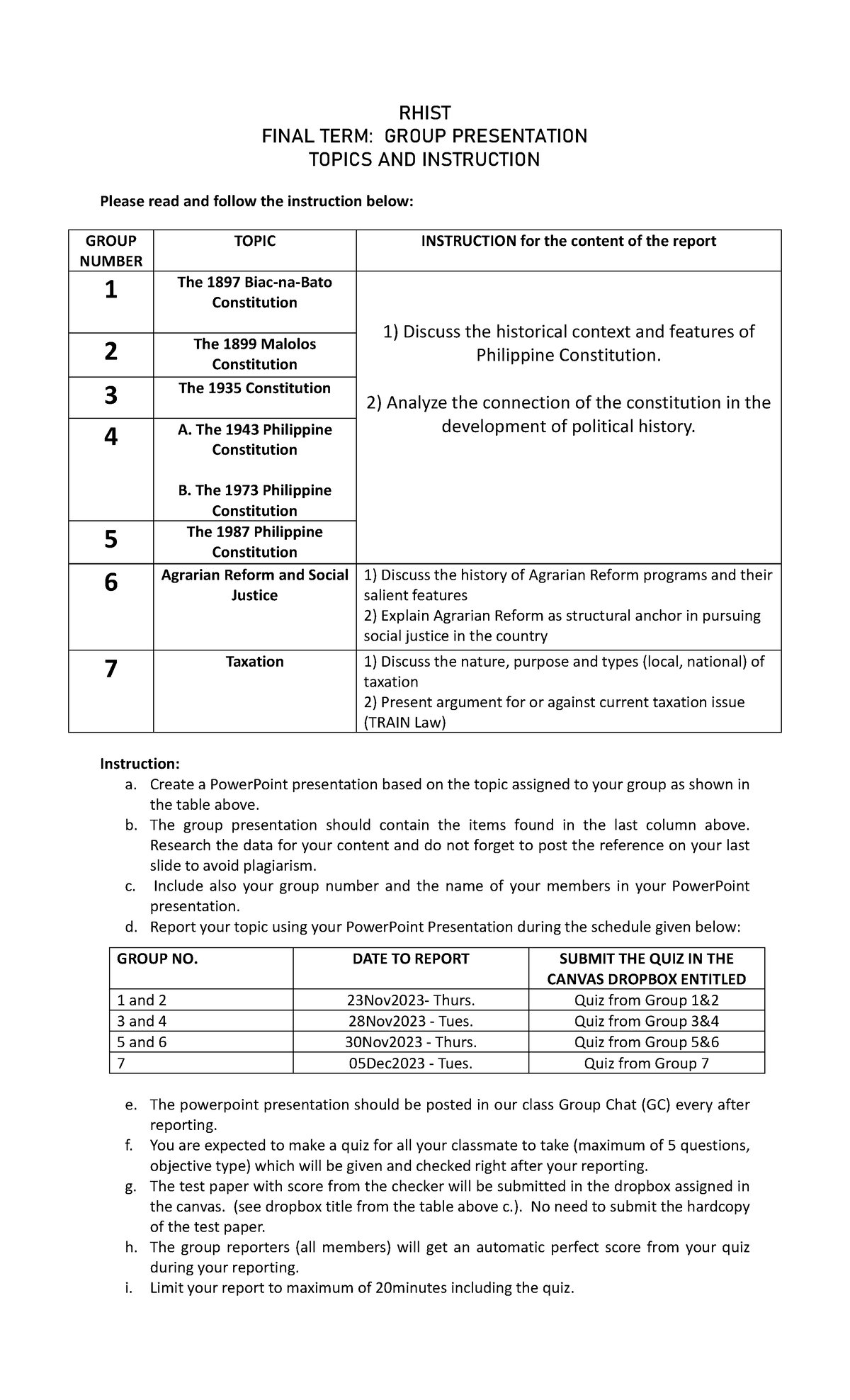 Final Term Group Report Topic and Instruction Rhist - RHIST FINAL TERM ...