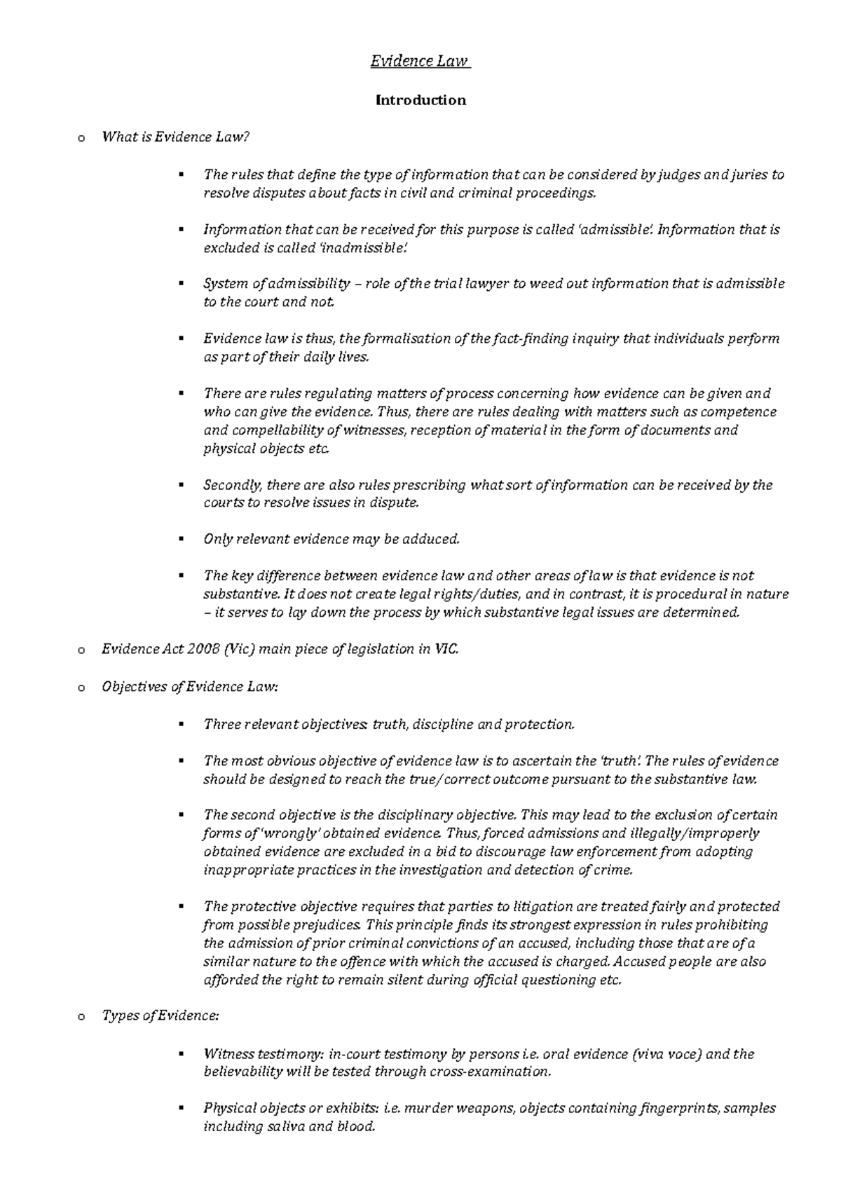 Topic 1 Notes (Introduction to Evidence) - Evidence Law Introduction o ...