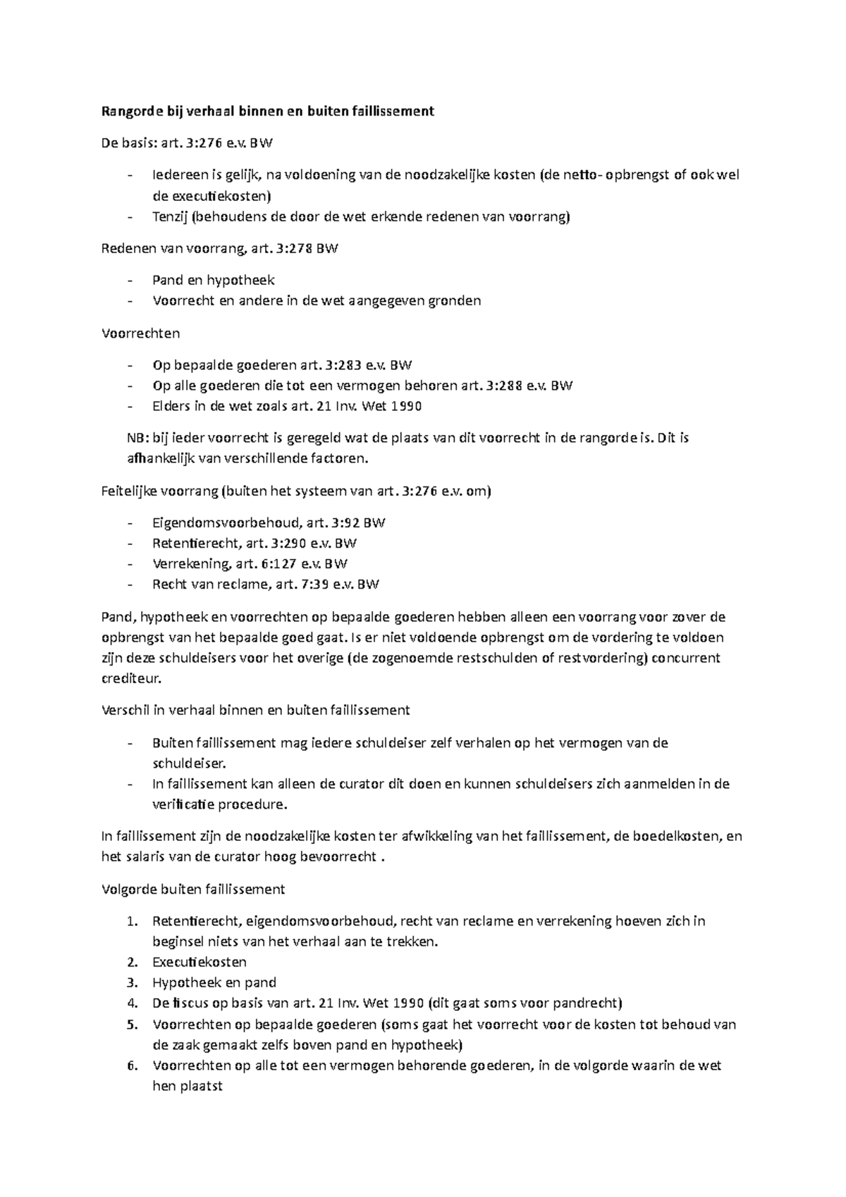 Rangorde bij verhaal binnen en buiten faillissement - 3:276 e. BW ...
