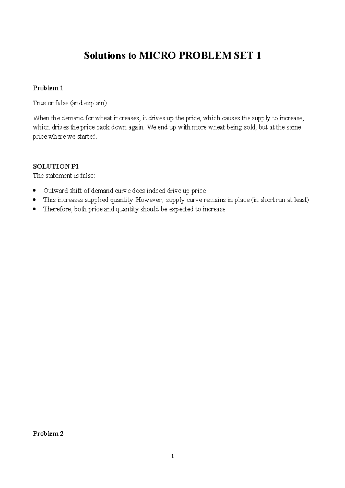 Løsning opgavesæt 1 - Solutions to MICRO PROBLEM SET 1 Problem 1 True ...