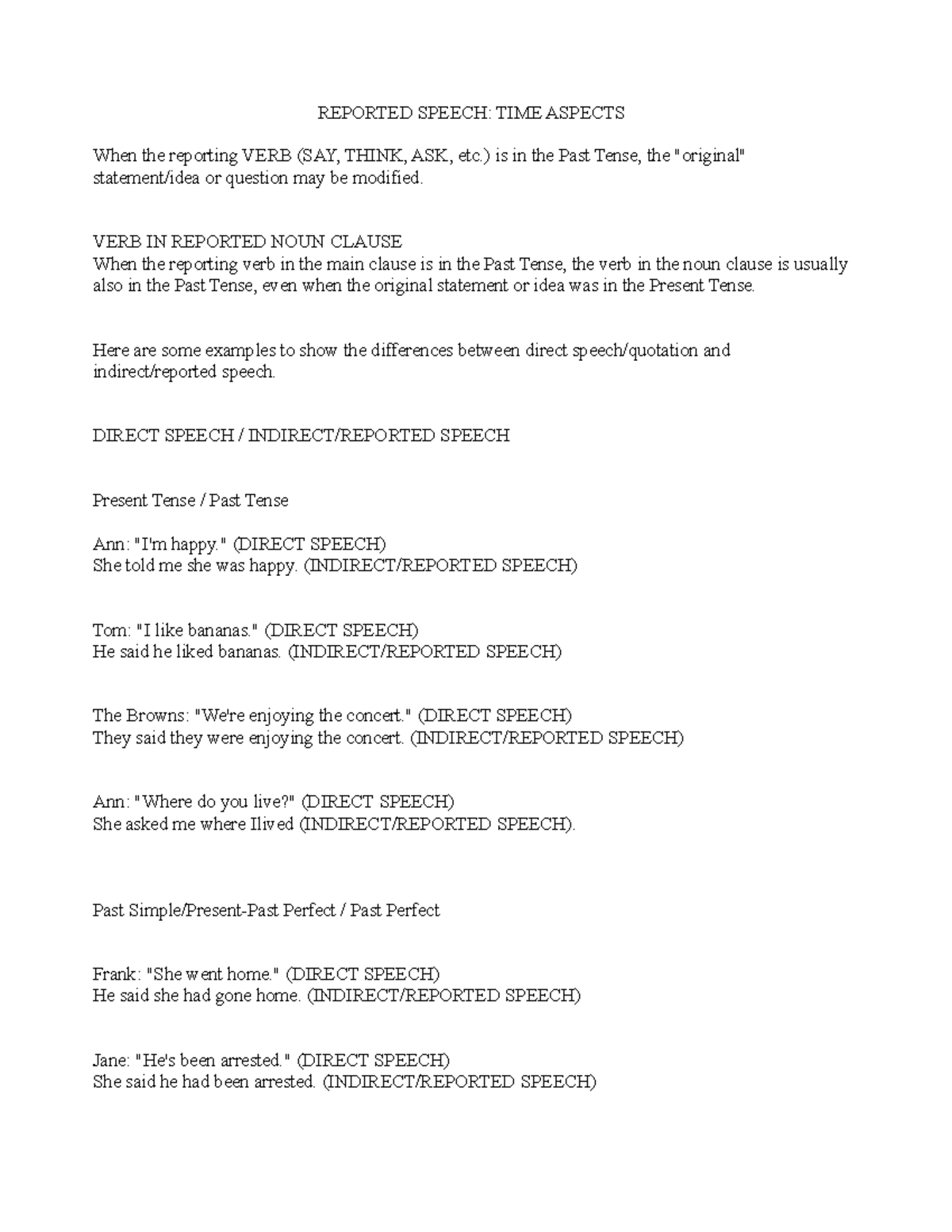 Reported Speech time aspects - REPORTED SPEECH: TIME ASPECTS When the ...