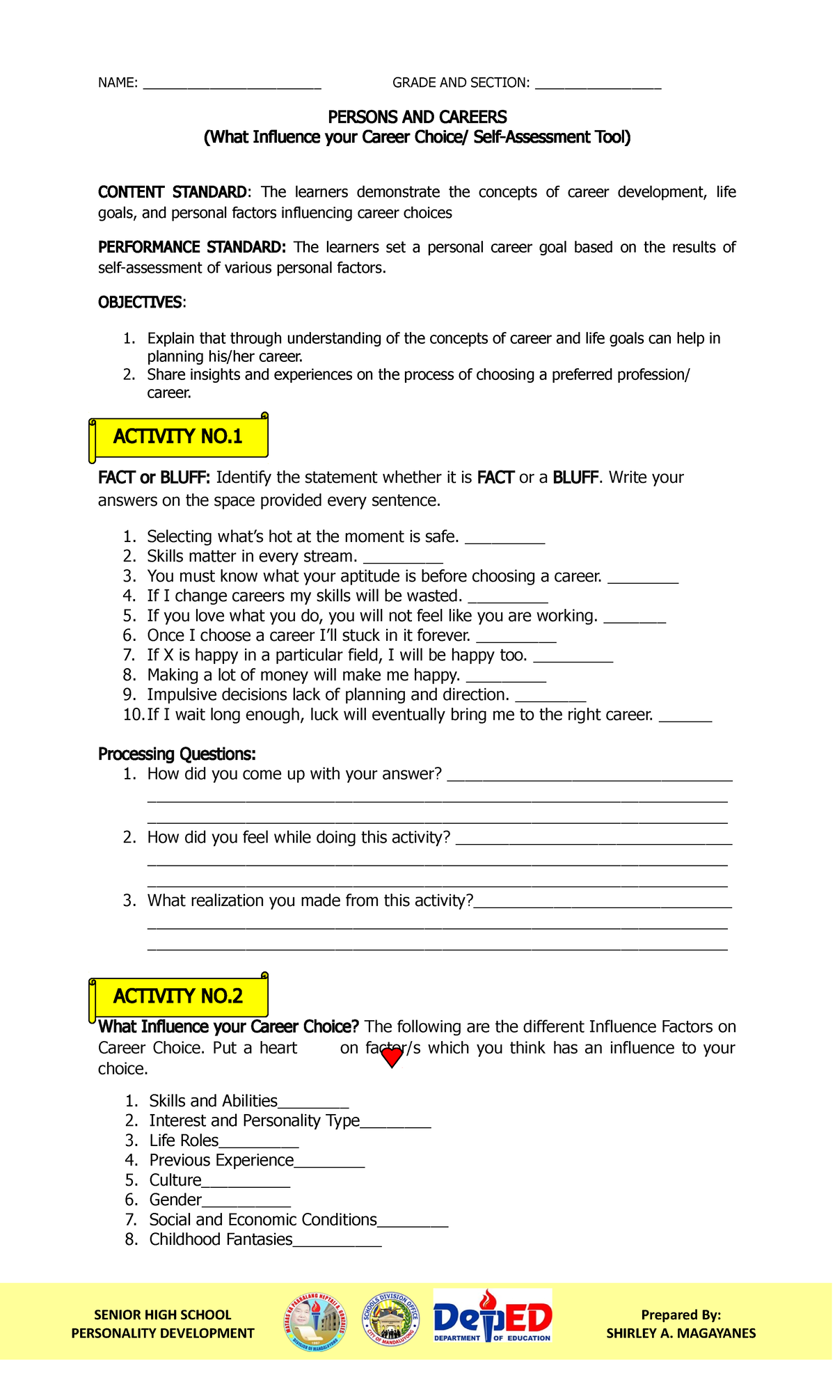 Activity-Sheet SHS-Personality-Development Persons-and-Career - SENIOR ...