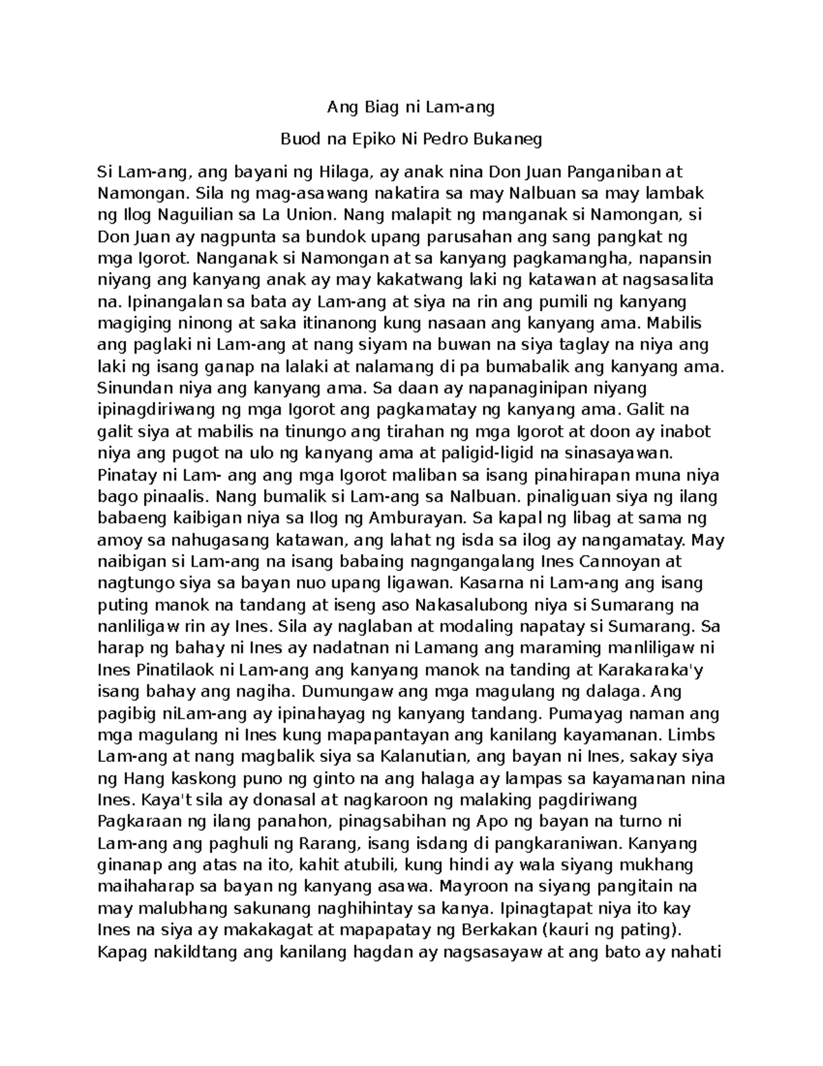 Lam ang - Buod ng Biag Ni Lam-ang - Ang Biag ni Lam-ang Buod na Epiko Ni Pedro Bukaneg Si Lam ...